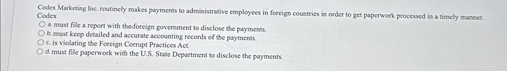 Solved Codex Marketing Inc. routinely makes payments to | Chegg.com Solved Codex Marketing Inc. routinely makes payments to | Chegg.com