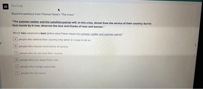 Read the sentence from Thomas Paine's "The Crisis." | Chegg.com