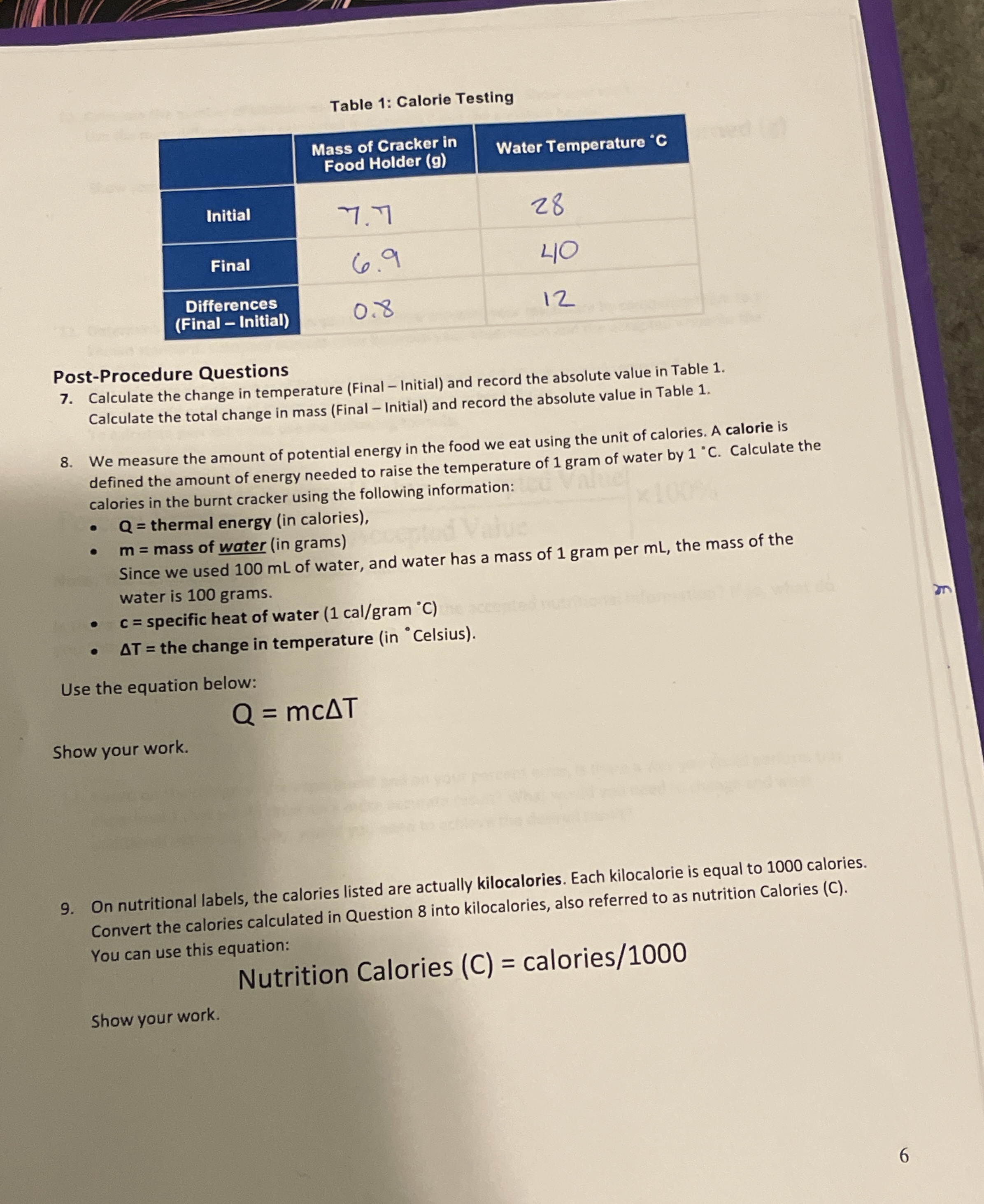 Solved Table 1: Calorie Testing\table[[,\table[[Mass of | Chegg.com