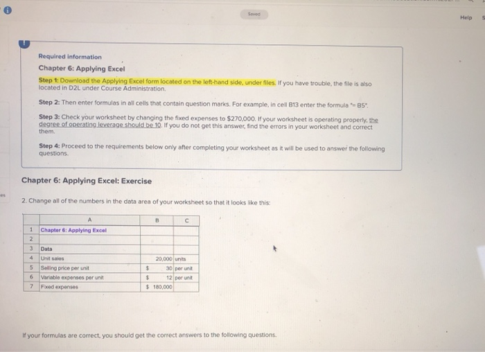 Solved Help Required information Chapter 6: Applying Excel | Chegg.com