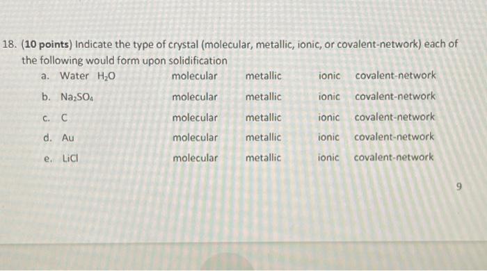 Solved 8. (10 points) Indicate the type of crystal | Chegg.com
