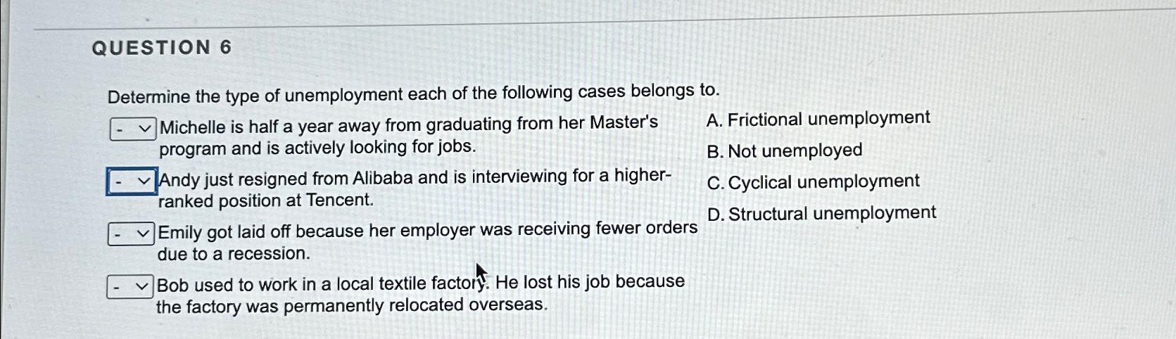 Solved QUESTION 6Determine the type of unemployment each of | Chegg.com