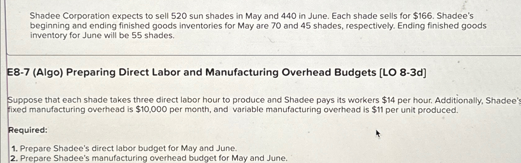 Solved Shadee Corporation expects to sell 520 ﻿sun shades in | Chegg.com