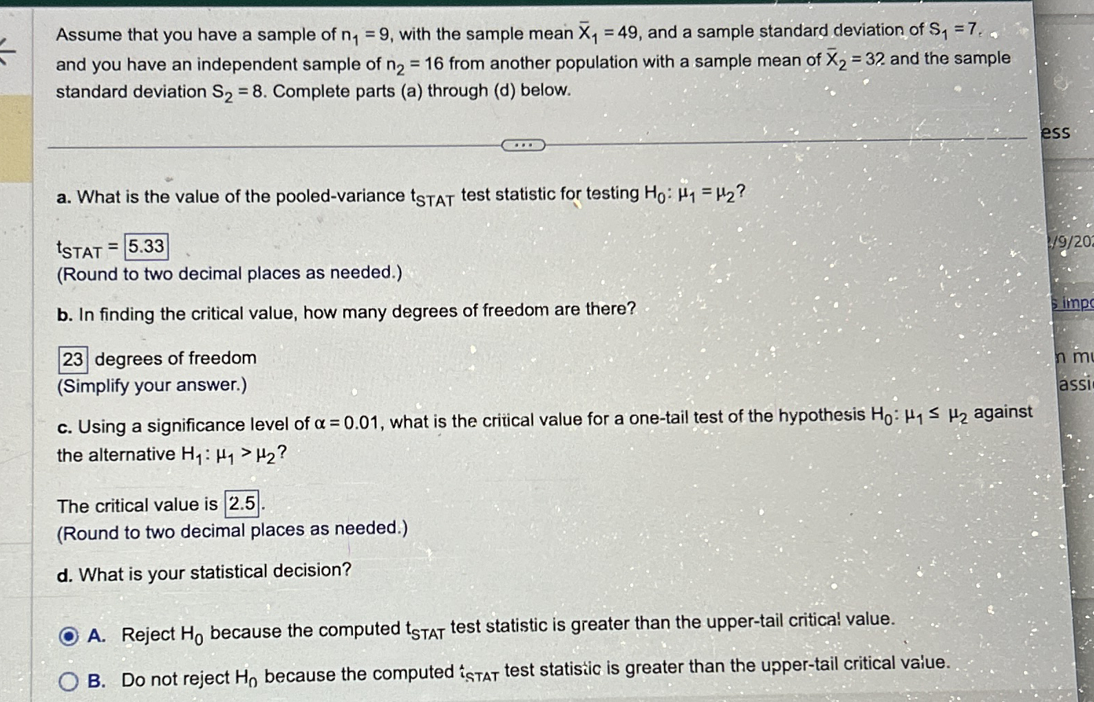 Solved Assume that you have a sample of n1=9, ﻿with the | Chegg.com