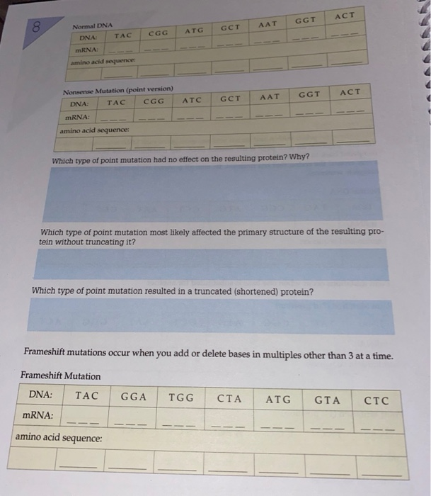 Solved ACT 8 GGT AAT GCT Normal DNA DNA TAC ATG CGG mRNA | Chegg.com