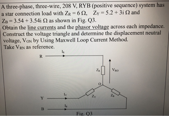 Solved A three-phase, three-wire, 208 V, RYB (positive | Chegg.com