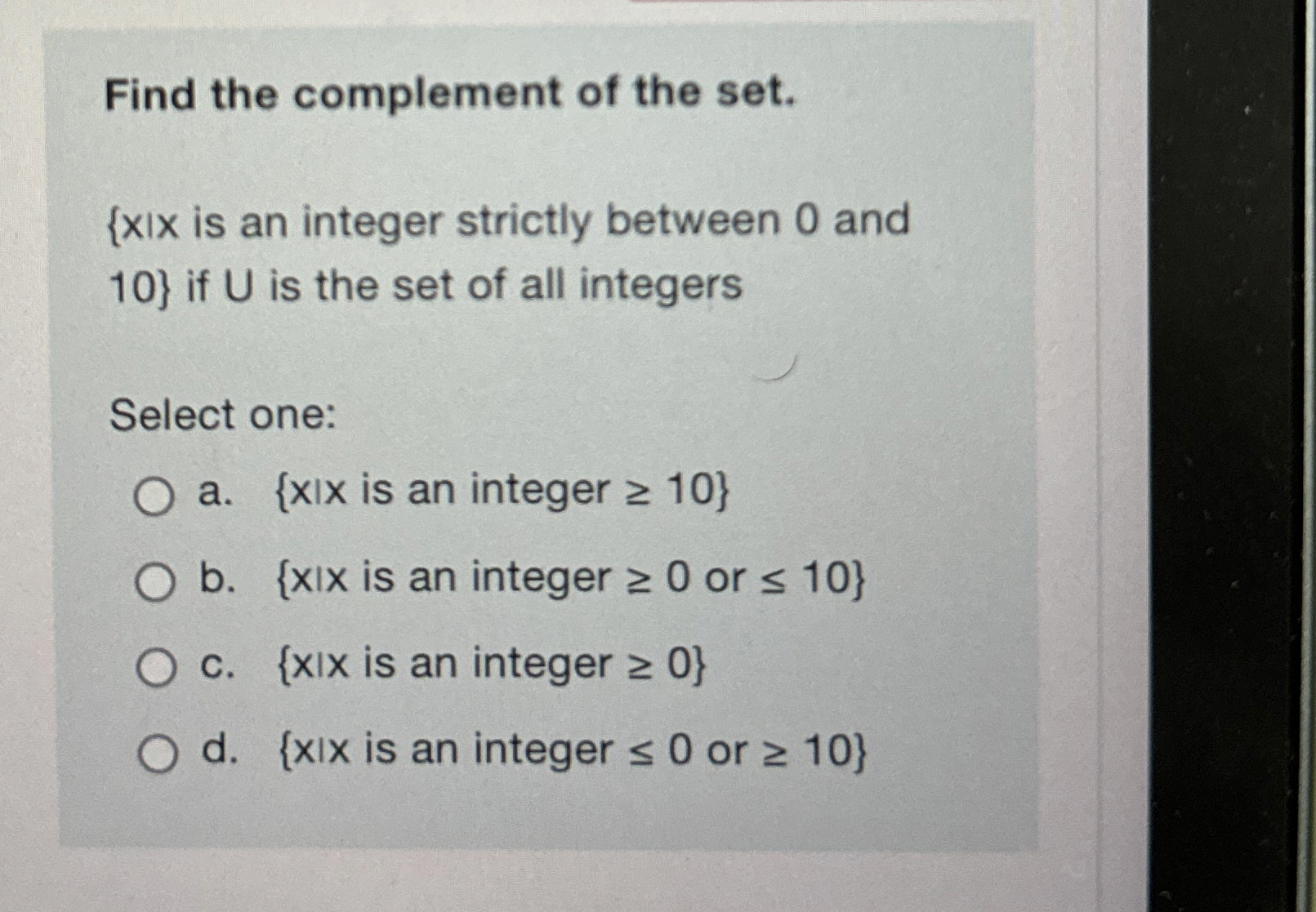 Solved Find the complement of the set. ﻿is an integer | Chegg.com