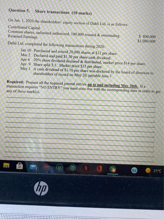 Solved Question 5. Share transactions (10 marks) On Jan. 1, | Chegg.com
