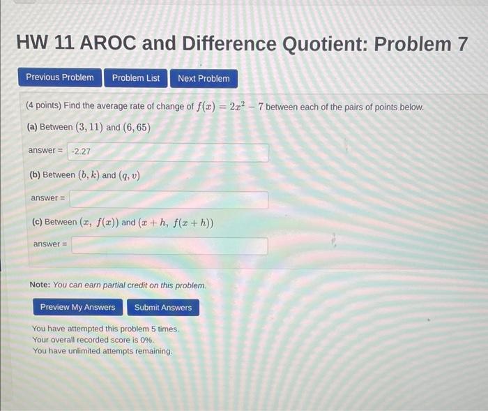 Solved HW 11 AROC and Difference Quotient: Problem 7 (4 | Chegg.com