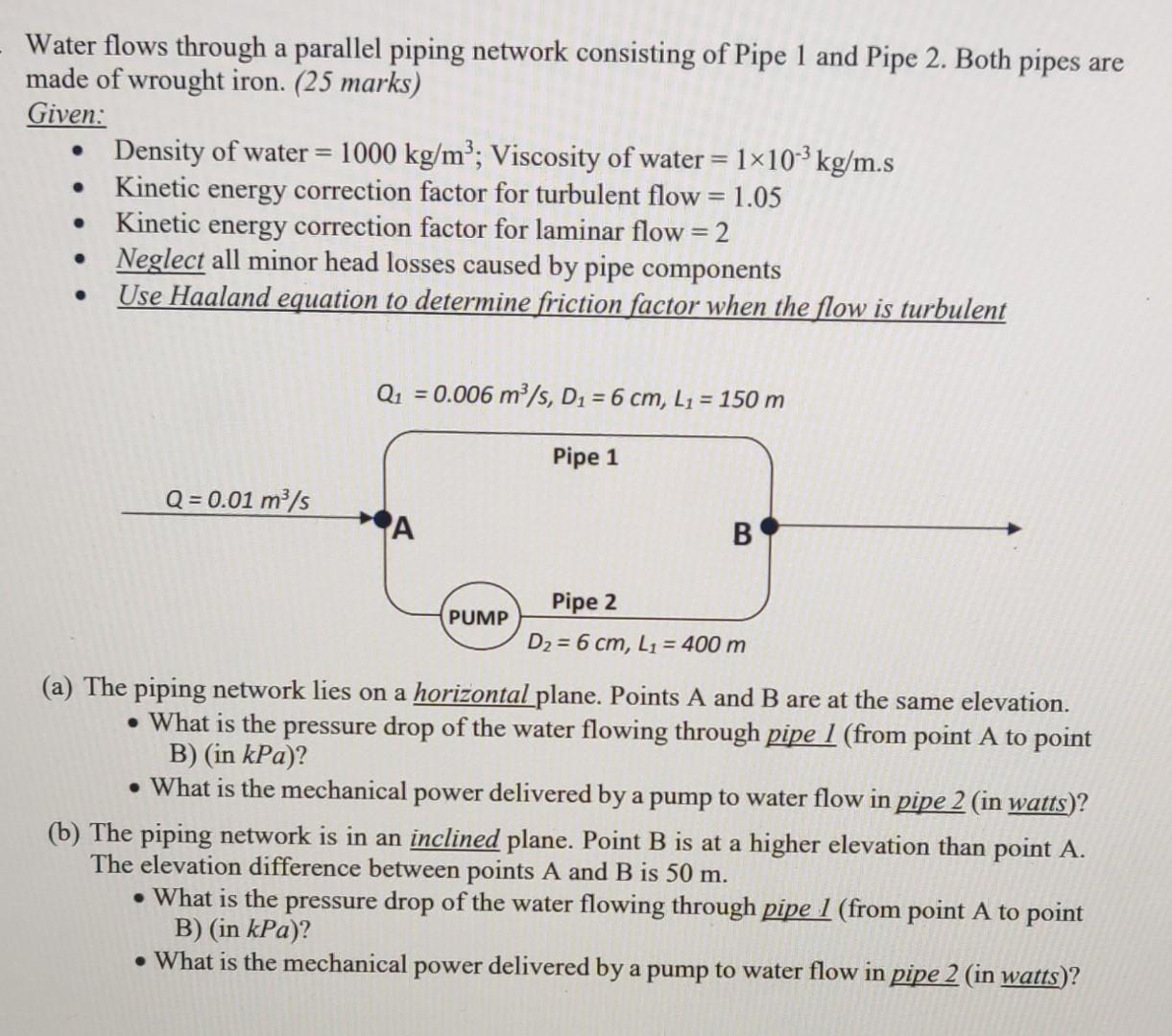 Solved Water flows through a parallel piping network | Chegg.com