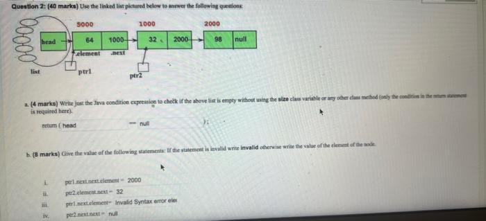 Solved Question 2: (40 marks) Use the linked list pictured | Chegg.com