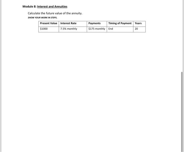 Solved Module 8: Interest and Annuities Calculate the future | Chegg.com