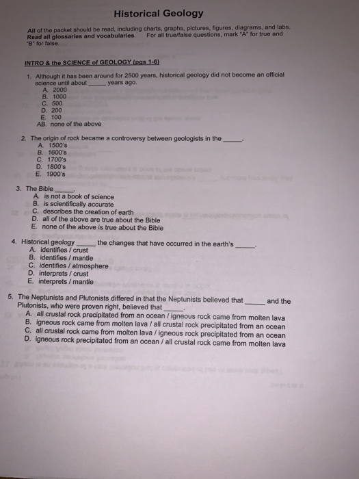 Solved Historical Geology All of the packet should be read, | Chegg.com