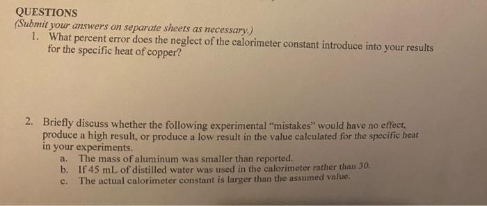 Solved REPORT ON EXPERIMENT 23 Determination of Specific | Chegg.com