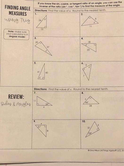 Solved FINDING ANGLE MEASURES using Trig If you know the | Chegg.com