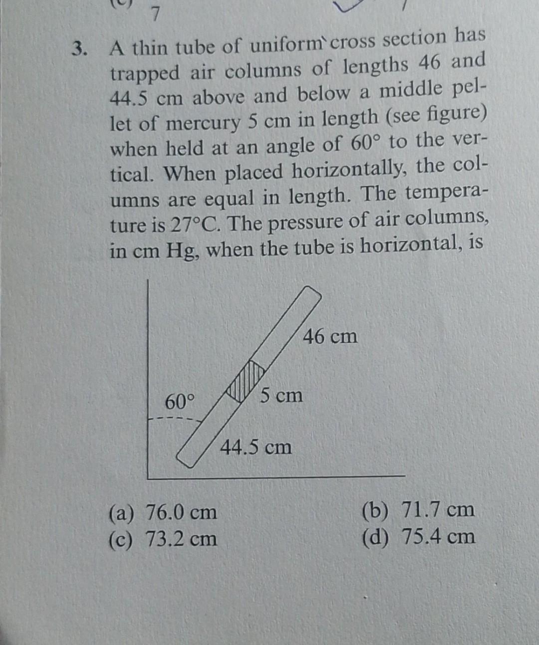 Solved 3. A thin tube of uniform 'cross section has trapped | Chegg.com