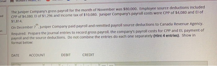 Solved Gmail ed The Juniper Company's gross payroll for the | Chegg.com