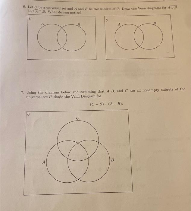 Solved 6. Let U be a universal set and A and B be two | Chegg.com