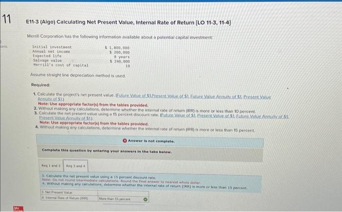 Solved E11-3 (Algo) Calculating Net Present Value, Internal | Chegg.com