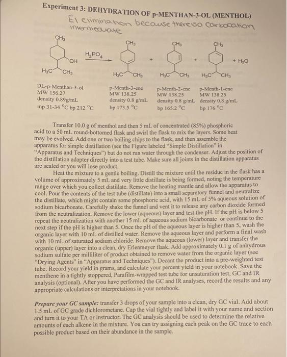 Solved Experiment 3: DEHYDRATION OF p-MENTHAN-3-OL (MENTHOL) | Chegg.com