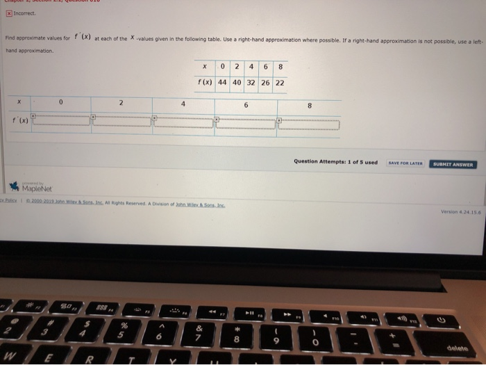 Solved incorrect. Find approximate values for (x) at each of | Chegg.com