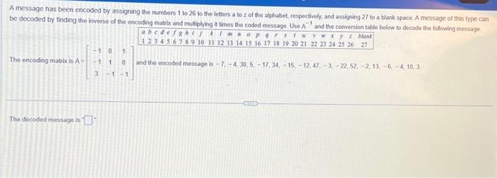 Solved A message has been encoded by assigning the numbers 1 | Chegg.com