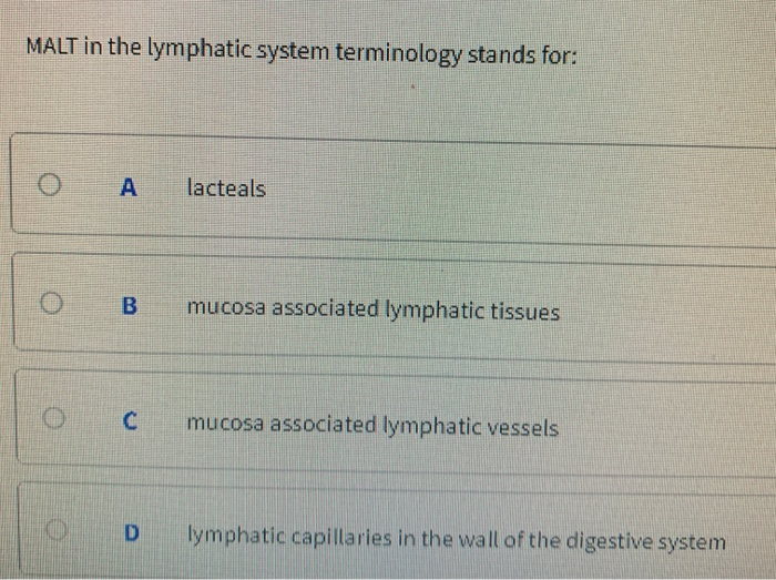Solved MALT in the lymphatic system terminology stands for: | Chegg.com