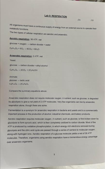 Lab 9: RESPIRATION d) Research: Compare your results | Chegg.com