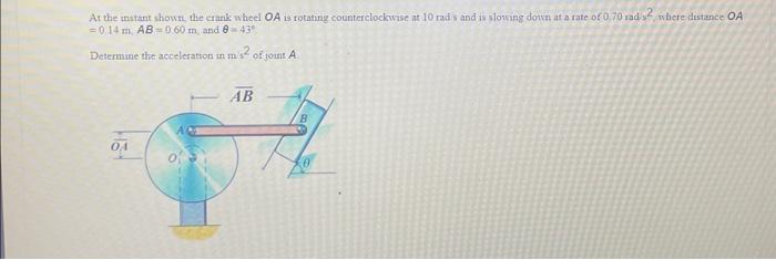 Solved At the instant shown, the crank wheel OA is rotating | Chegg.com