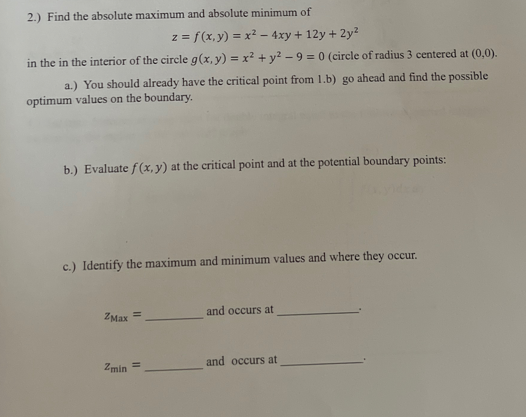 Solved 2.) ﻿Find the absolute maximum and absolute minimum | Chegg.com