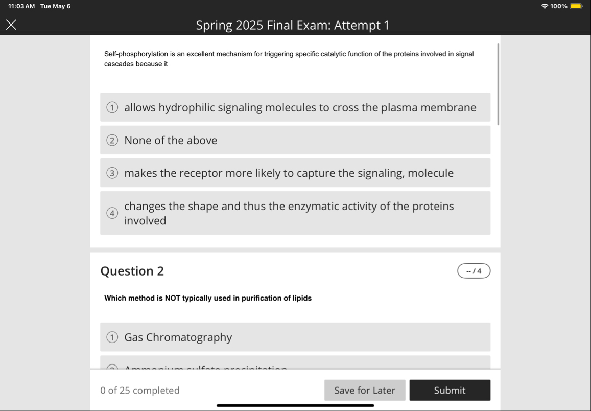 Solved 11:03 ﻿AM Tue May 6100%Spring 2025 ﻿Final Exam: | Chegg.com
