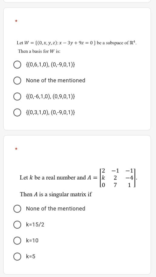 Solved Let W = {(0,x, y, z); x – 3y + 92 = 0} be a subspace | Chegg.com