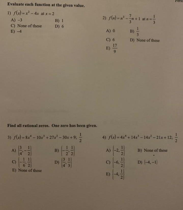 Solved retic Evaluate each function at the given value. 1) | Chegg.com