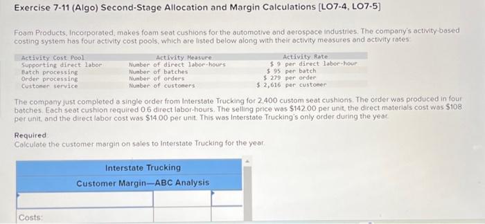 Solved Exercise 7-11 (Algo) Second-Stage Allocation and | Chegg.com