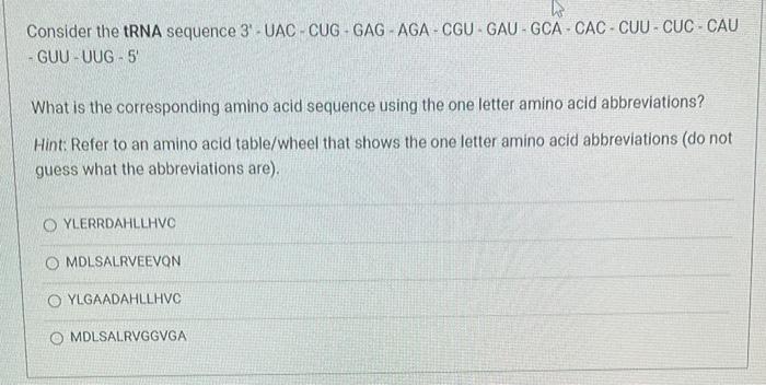 Solved Consider the tRNA sequence 3' - UAC - CUG - GAG - AGA | Chegg.com