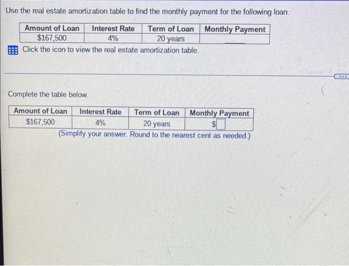 Solved Use the real estate amortization table to find the | Chegg.com