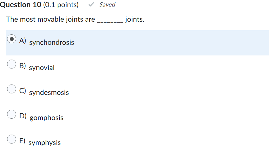 Solved Question 10 (0.1 ﻿points)The most movable joints | Chegg.com