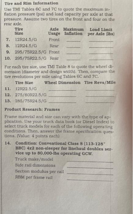 Solved Tire and Rim Information Use TMI Tables 6C and 7C to | Chegg.com