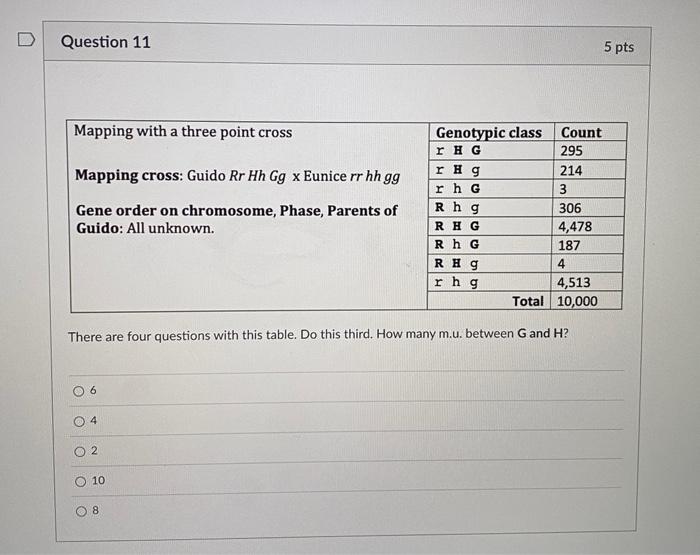Solved Question 11 5 pts Mapping with a three point cross | Chegg.com