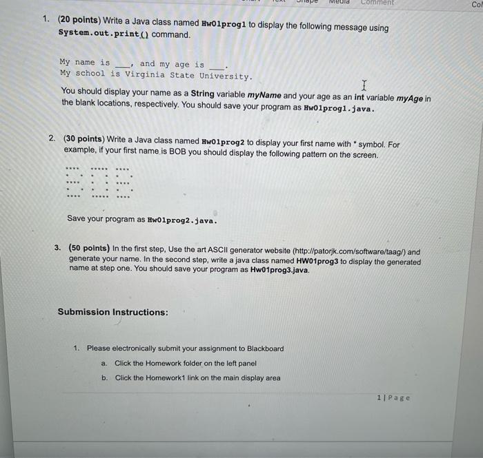 Solved told comment Cor 1. (20 points) Write a Java class | Chegg.com