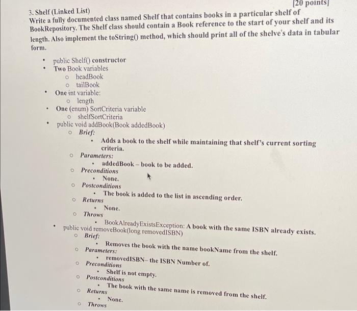 Solved 3. Shelf (Linked List) (20 points Write a fully | Chegg.com