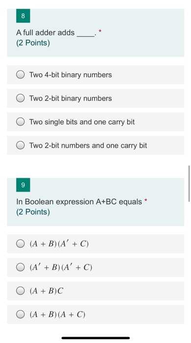 Solved 8 A full adder adds (2 Points) Two 4-bit binary | Chegg.com