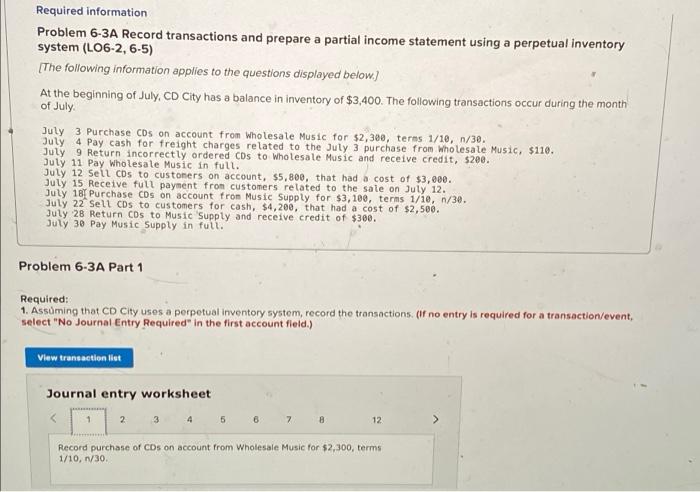 Solved Required information Problem 6-3A Record transactions | Chegg.com