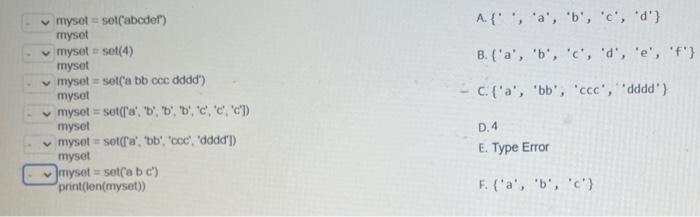 Solved myset = sot(aboden mysot A.\{' ;,′a ', 'b', 'c', 'd' | Chegg.com
