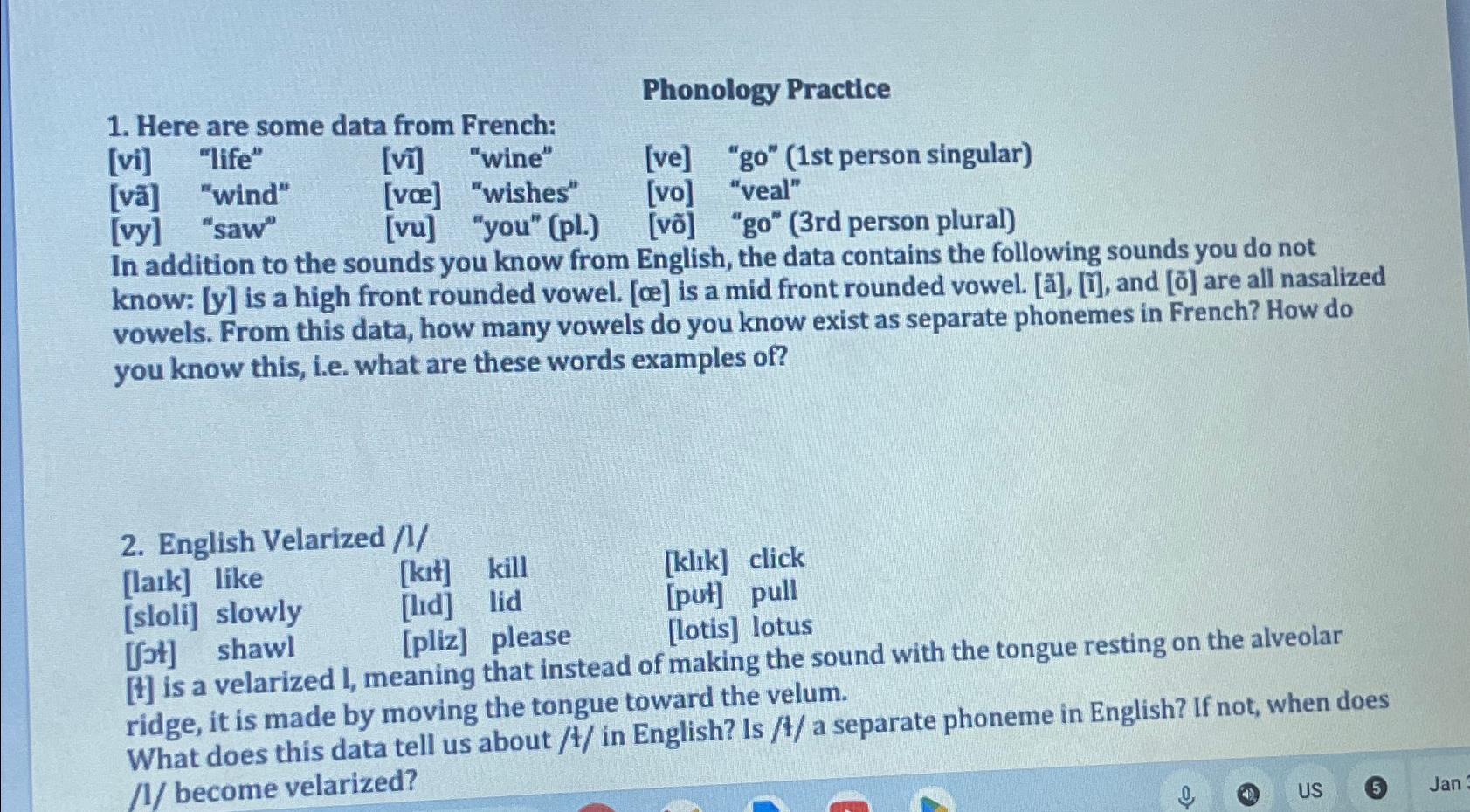 Solved Phonology PracticeHere are some data from French:[vi] | Chegg.com