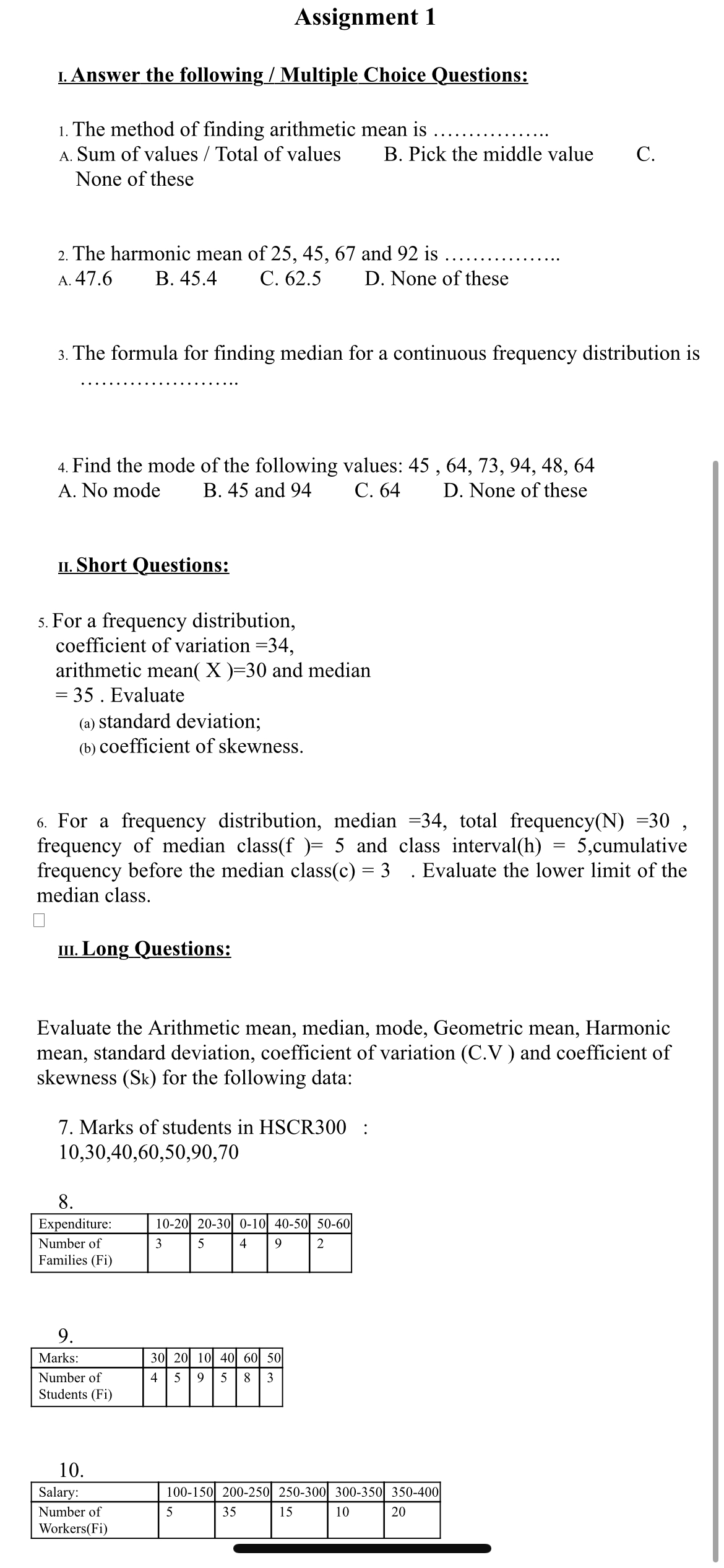 Solved Assignment 1I. Answer the following / ﻿Multiple | Chegg.com