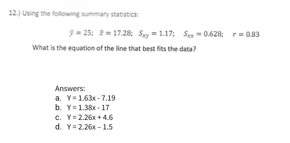 Solved 12.) Using the following summary statistics: | Chegg.com