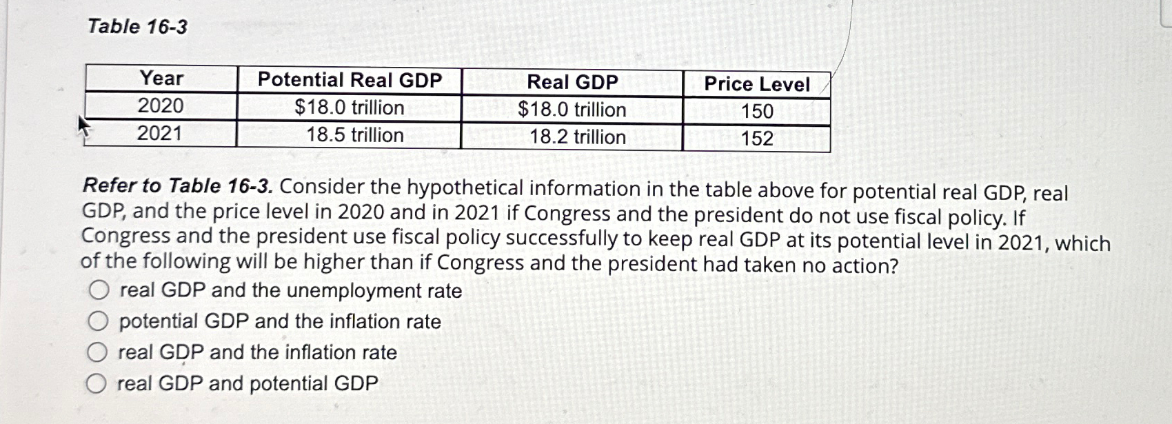 Solved Table 16-3\table[[Year,Potential Real GDP,Real | Chegg.com