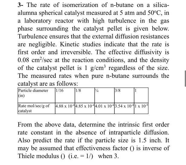 Solved 3- The rate of isomerization of n-butane on a silica- | Chegg.com