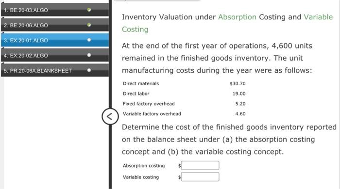 Solved Inventory Valuation under Absorption Costing and | Chegg.com